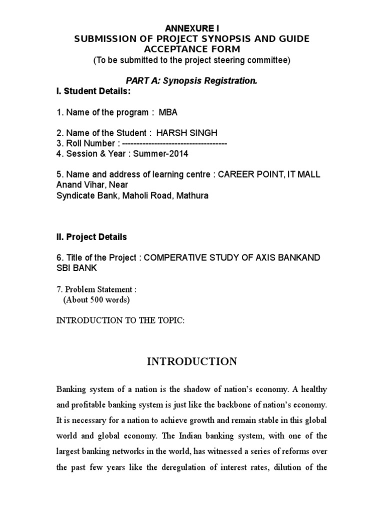 Mba - Synopsis - Format - For - Comperative Study Axis Bank and Sbi ...