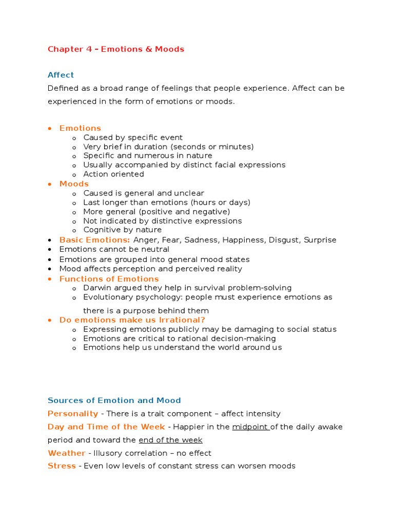 Chapter 4 - Emotions & Moods (DONE) | PDF | Mood (Psychology) | Mental ...