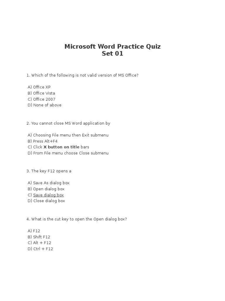 Microsoft Word Practice Quiz Set 01 | PDF | Microsoft Word | Tab (Gui)
