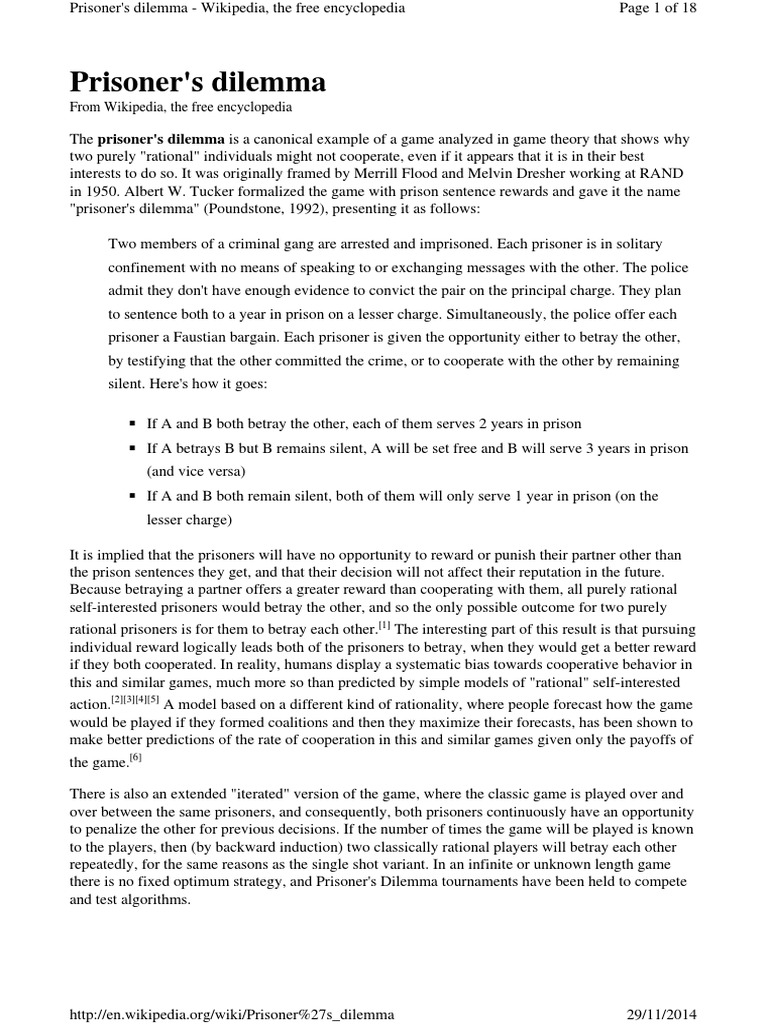 Prisoner's Dilemma: From Wikipedia, The Free Encyclopedia | PDF ...