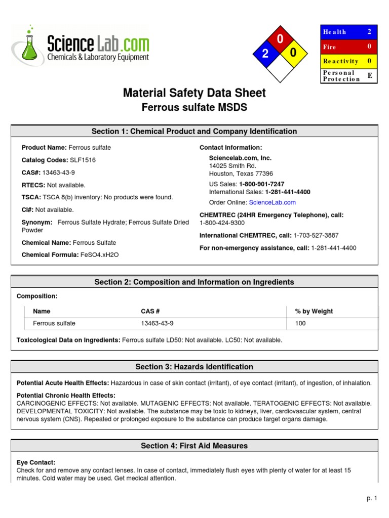 Ferrous Sulfate MSDS: Section 1: Chemical Product and Company ...