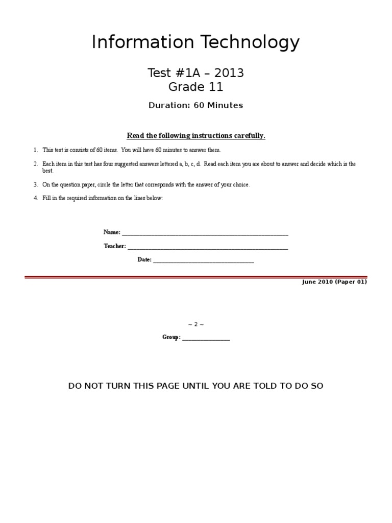 Information Technology: Test #1A - 2013 Grade 11 | PDF | Spreadsheet ...