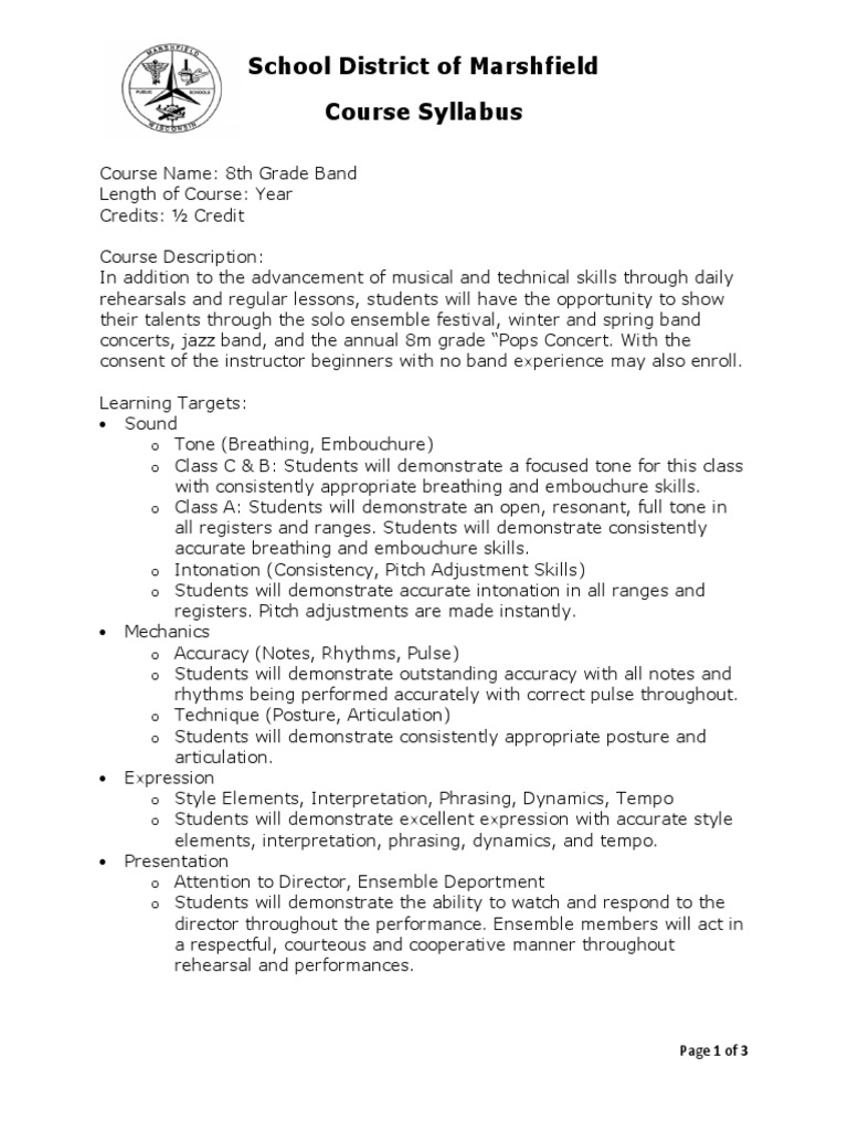 8th Grade Band Syllabus | PDF | Performing Arts | Music Theory
