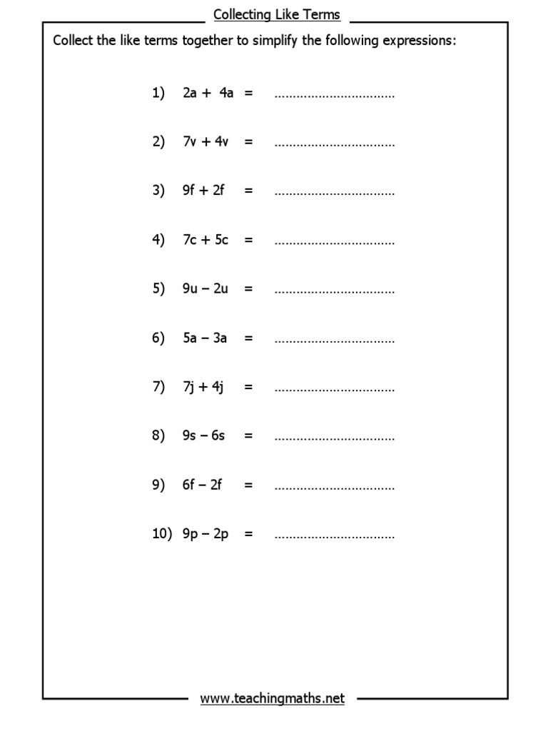 Collecting Like Terms Worksheet | PDF