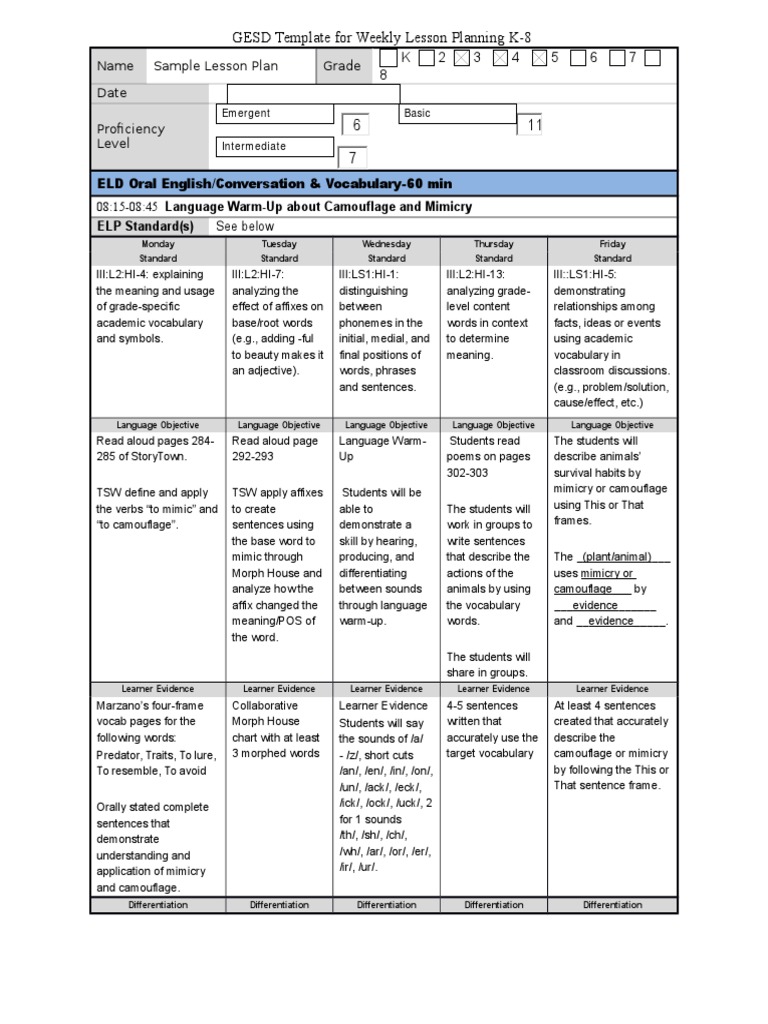 GESD Template For Weekly Lesson Planning K 8 ELP Standard s Phrase 