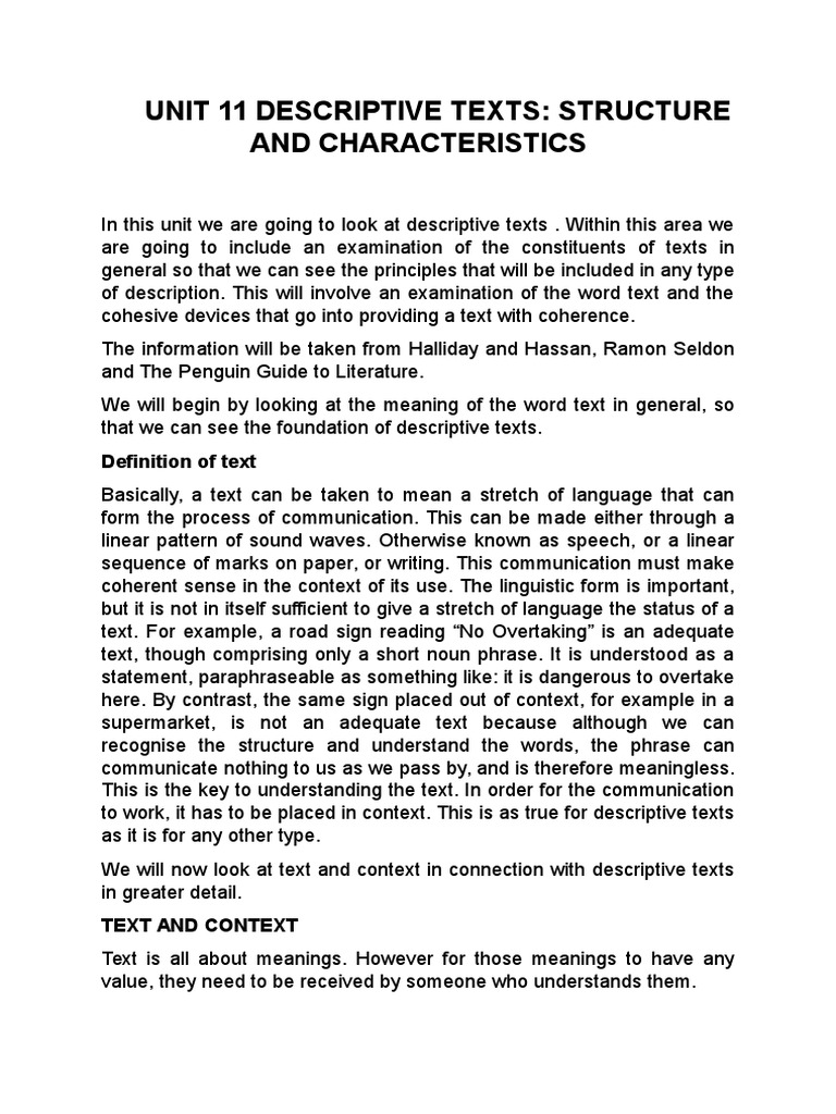 Unit 11 Descriptive Texts | Phrase | Linguistics | Free 30-day Trial ...