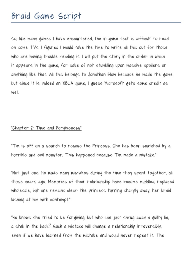 Braid Game Script by Jonathan Blow | PDF | Leisure