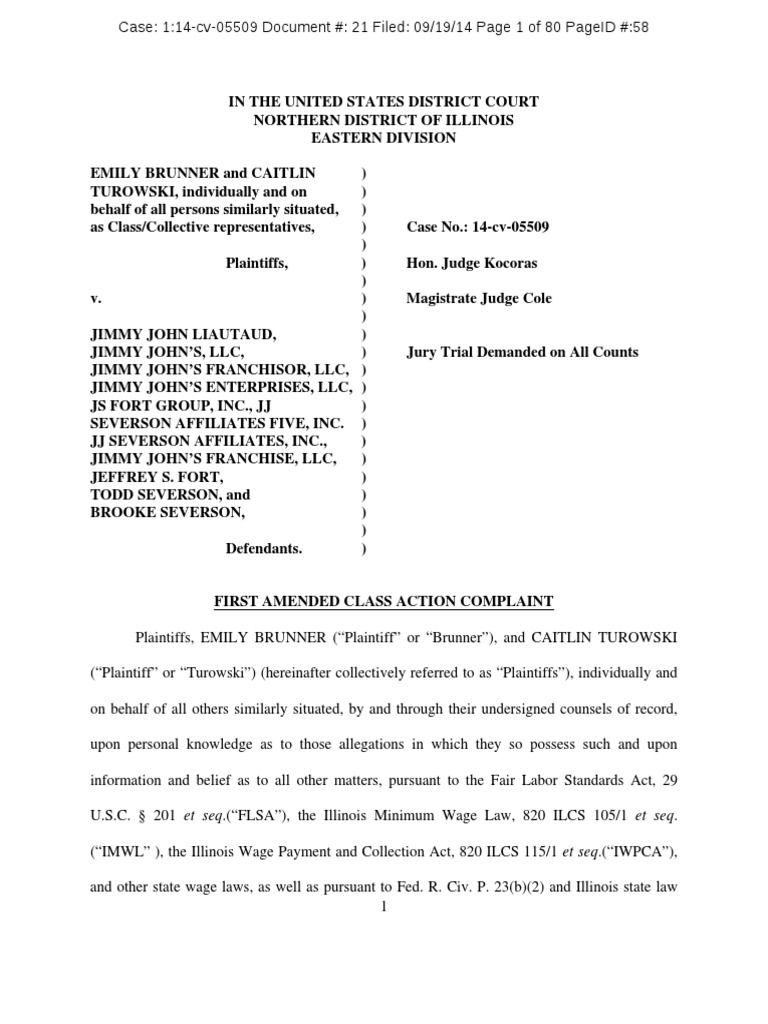 Brunner v. Jimmy John - Non Compete Amended Complaint PDF | PDF | Fair ...
