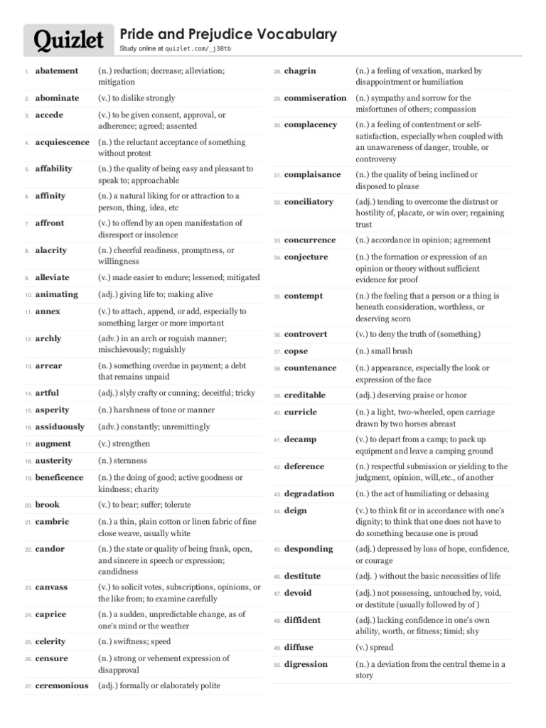 Pride and Prejudice Vocabulary | PDF