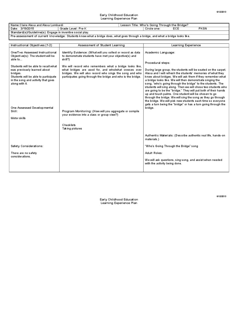 Pre-K Learning Plan: Bridge Activity | PDF