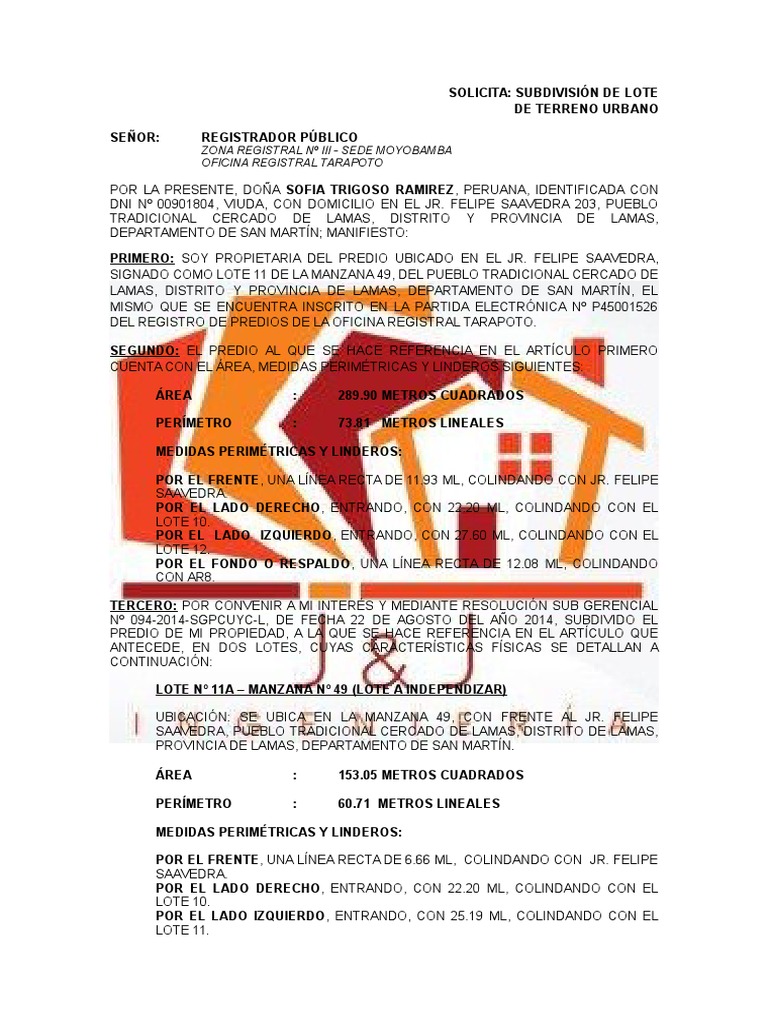 Modelo Solicitud de Subdivisión de Lote de Terreno Urbano | PDF