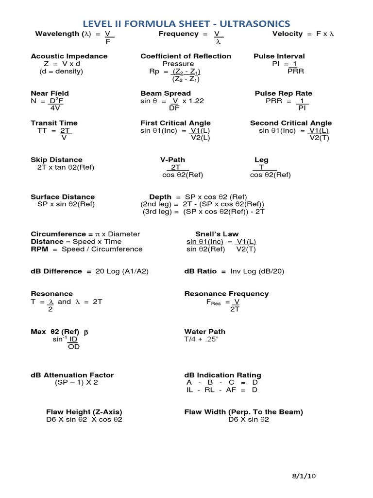 Level Ii Formula Sheet - Ultrasonics | PDF