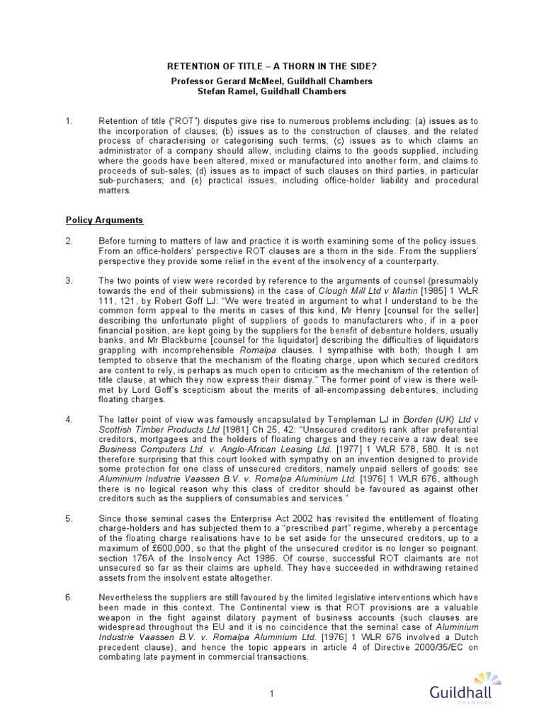 RetentionofTitle StefanRamel&GerardMcMeel | PDF | United Kingdom ...