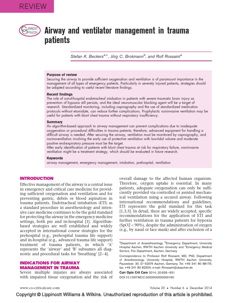 Airway and Ventilator Management in Trauma | Major Trauma | Anesthesia