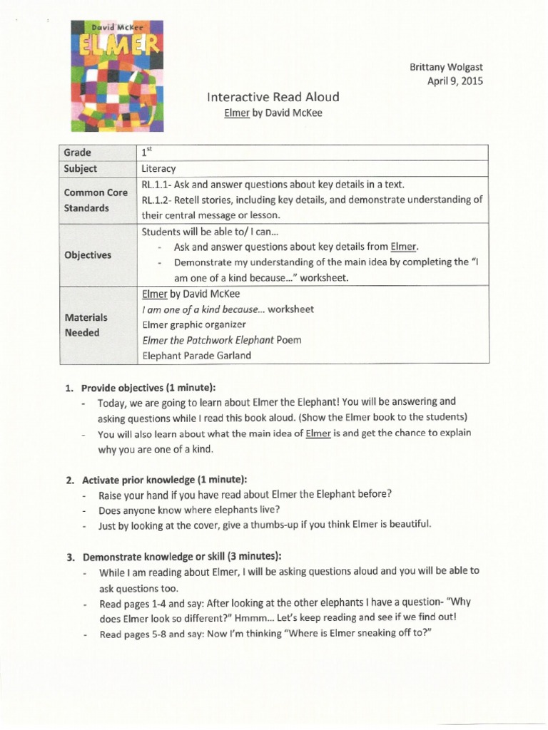 InTASC 5 - Interactive Read Aloud - Elmer | PDF