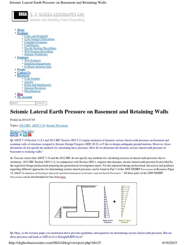 Seismic Lateral Earth Pressure On Basement and Retaining Walls | PDF | Structural Load | Earthquakes