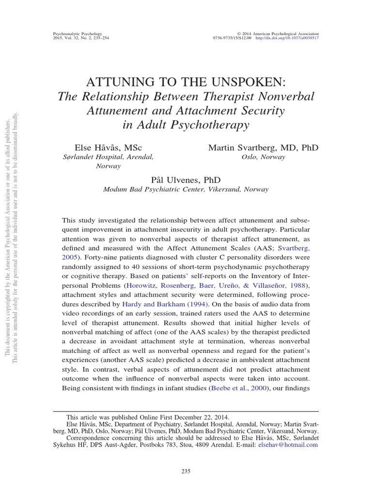 Attuning To The Unspoken: The Relationship Between Therapist Nonverbal ...
