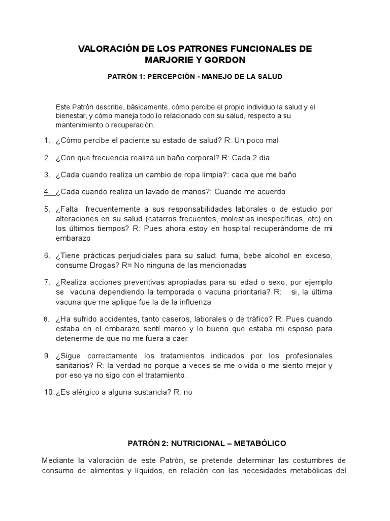 Valoración de Los Patrones Funcionales de Marjorie y Gordon | PDF | Dormir | Alimentos