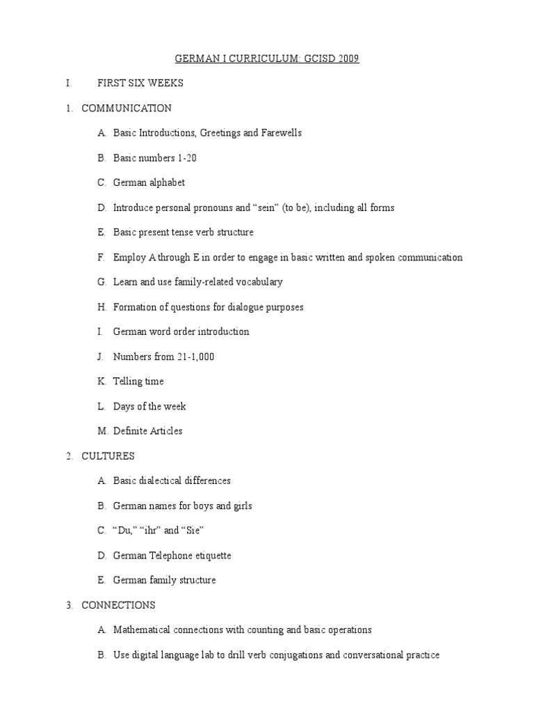 German I Curriculum | PDF | German Language | English Language