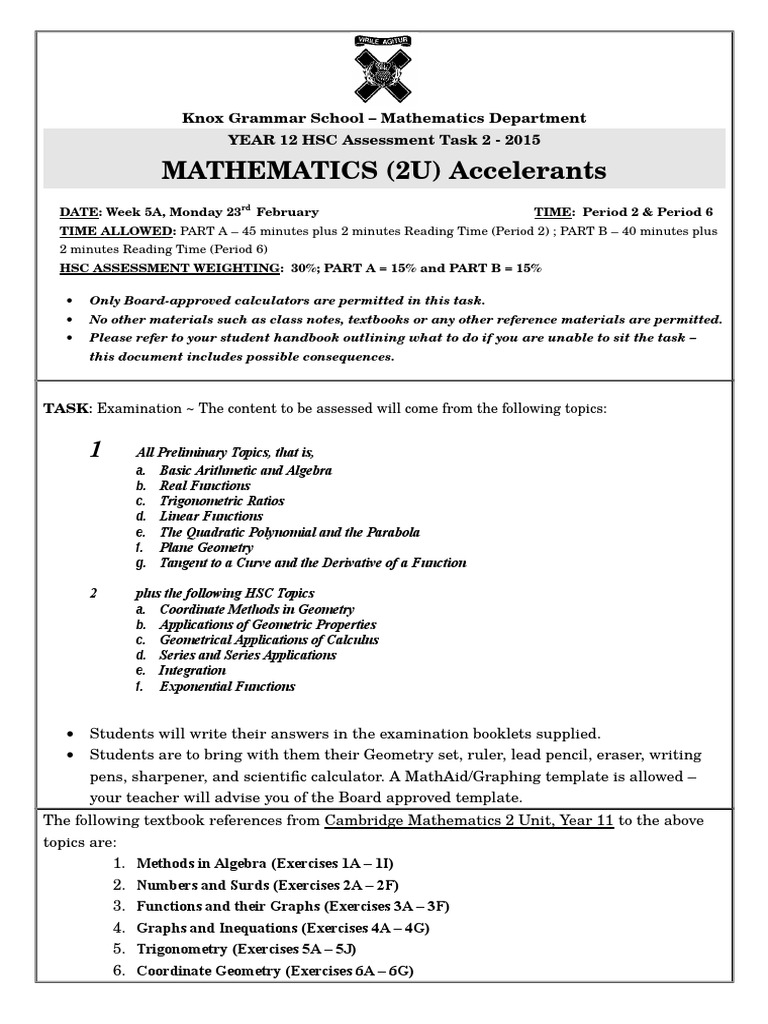 Preparing for the Year 12 HSC Mathematics Assessment Task on Functions ...