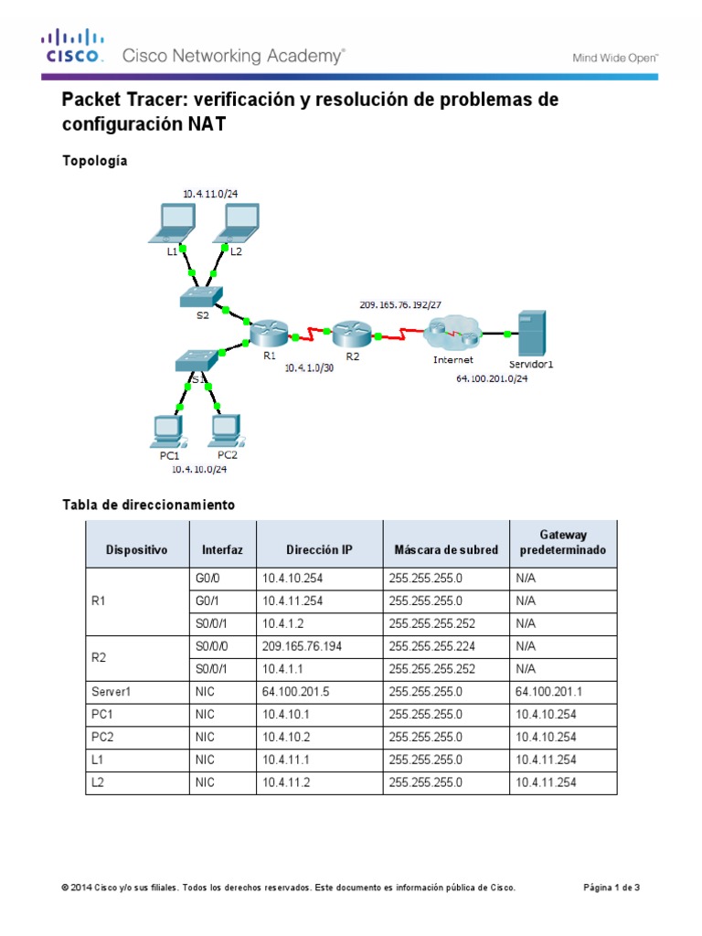 11.3.1.4 Packet Tracer - Verifying and Troubleshooting NAT Configurations Instructions | PDF ...
