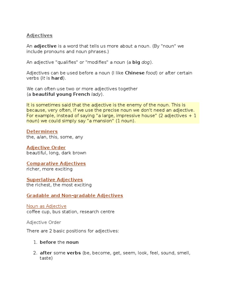 Adjectives Notes | PDF | Adjective | Noun