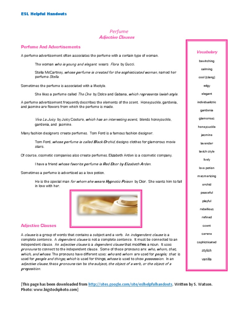 ESL Helpful Handouts - Perfume - Adjective Clauses | PDF | Pronoun | Clause