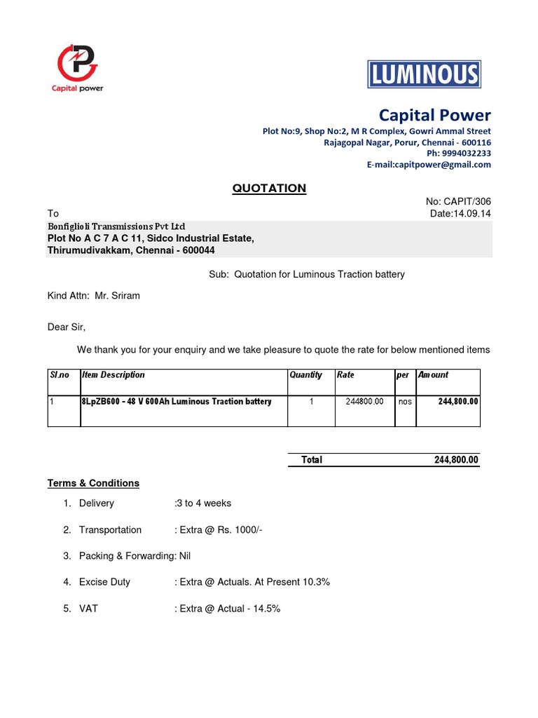 Battery Quotation | PDF | Finance & Money Management