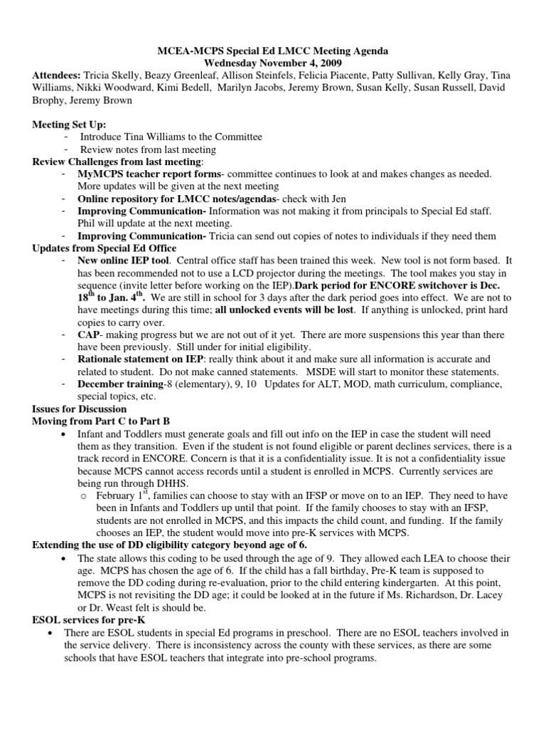 MCEA-MCPS Special Ed LMCC Meeting Agenda Wednesday | PDF | Individualized Education Program ...