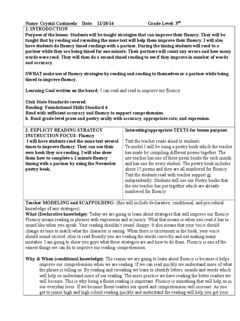 Fluency Lesson Plan | PDF | Fluency | Reading Comprehension
