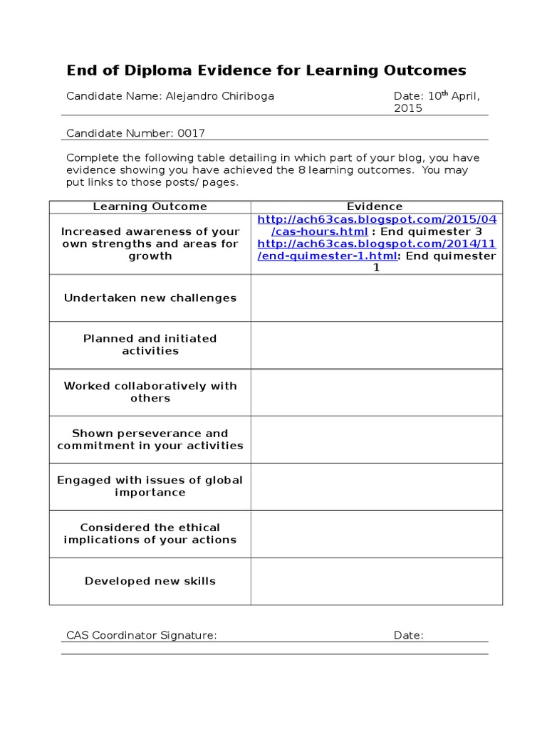 End of Diploma Evidence For Learning Outcomes: /cas-Hours - HTML /end ...