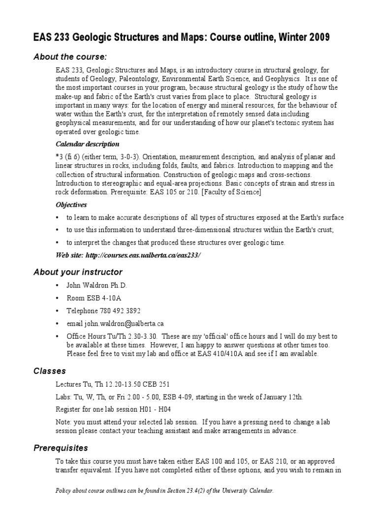 EAS 233: Geologic Structures Course Outline | PDF | Structural Geology ...