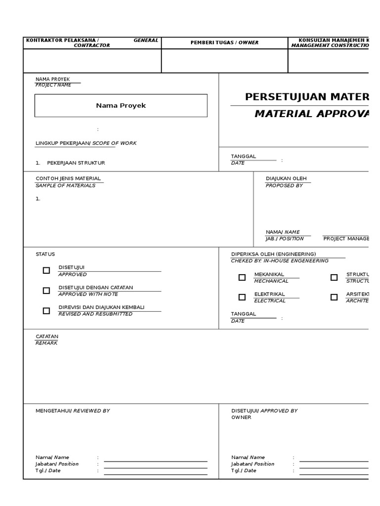 Form Persetujuan Material / Lembar Approval