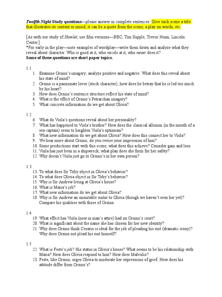 12night Study Questions | PDF | Twelfth Night
