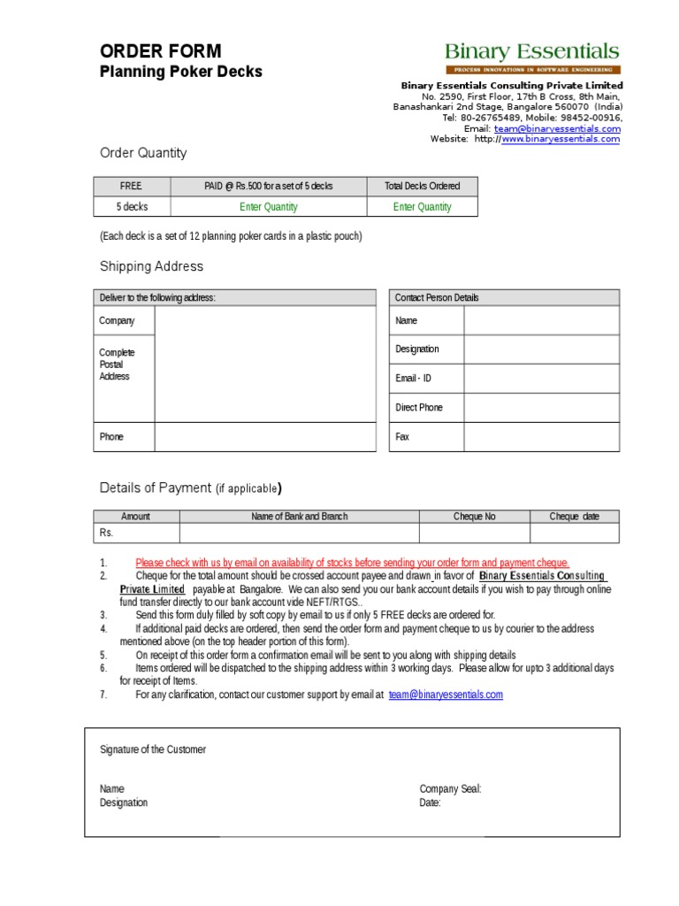 Order Form: Planning Poker Decks | PDF | Career & Growth | Finance ...