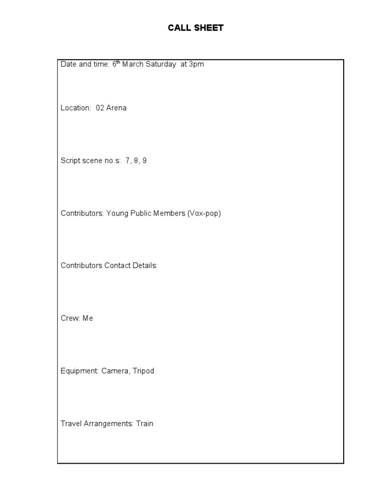 Call Sheet for March 6th Shoot | PDF