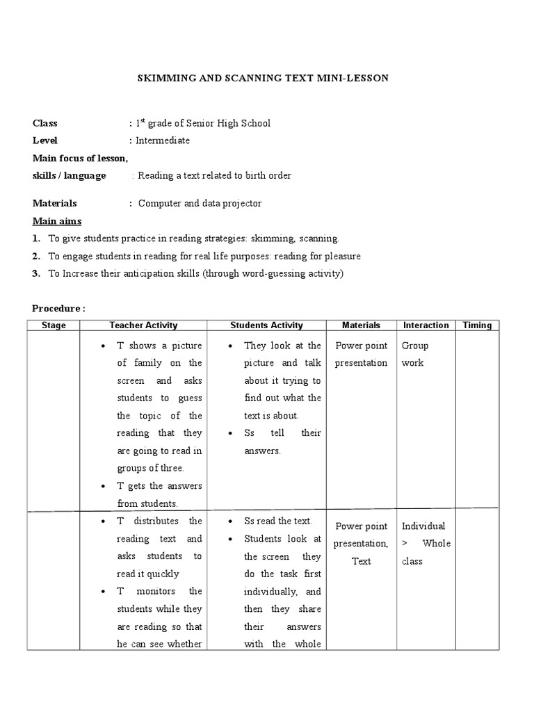 Stage Teacher Activity Students Activity Materials Interaction Timing ...