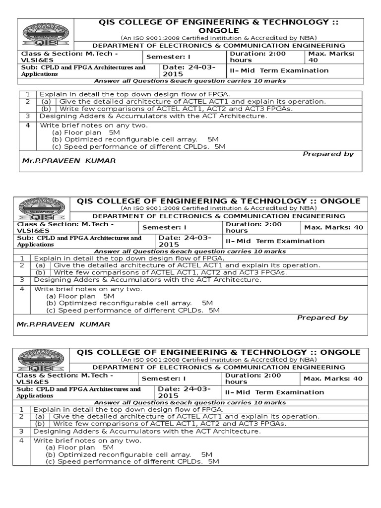 M.tech Mid Question Paper CPLD & Fpga | PDF | Field Programmable Gate ...