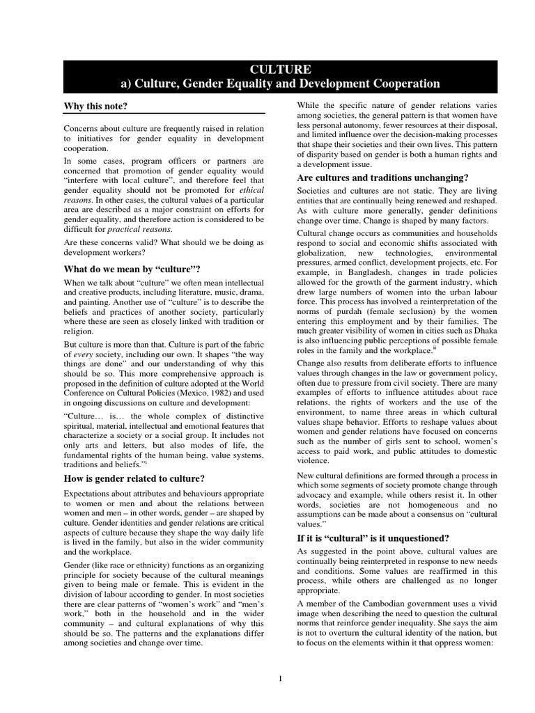 CUL TURE A) Culture, Gender Equality and Development Cooperation | PDF | Gender Equality ...