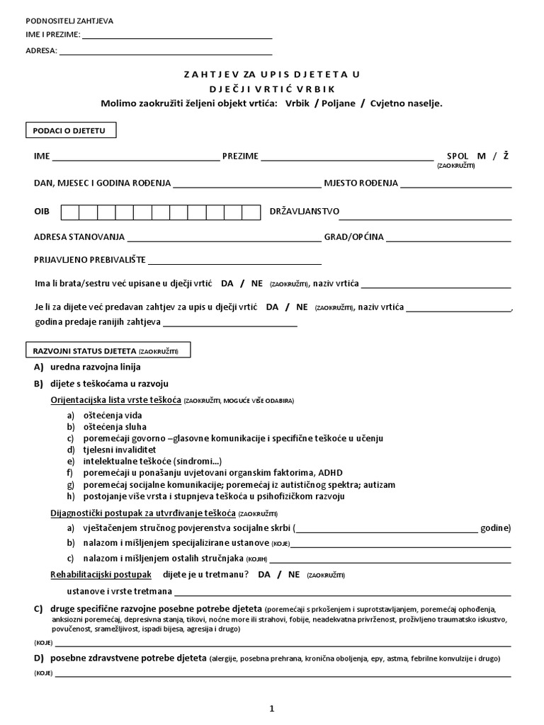 Obrazac Zahtjev - Upisi 2014.2015 PDF | PDF