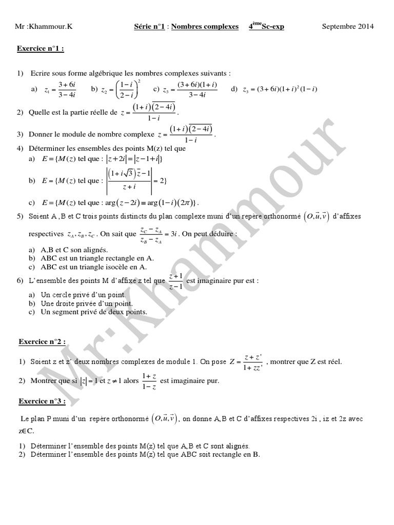 Série N_1 Nombres Complexes (Bac Sc-exp) | Nombre complexe | Analyse ...