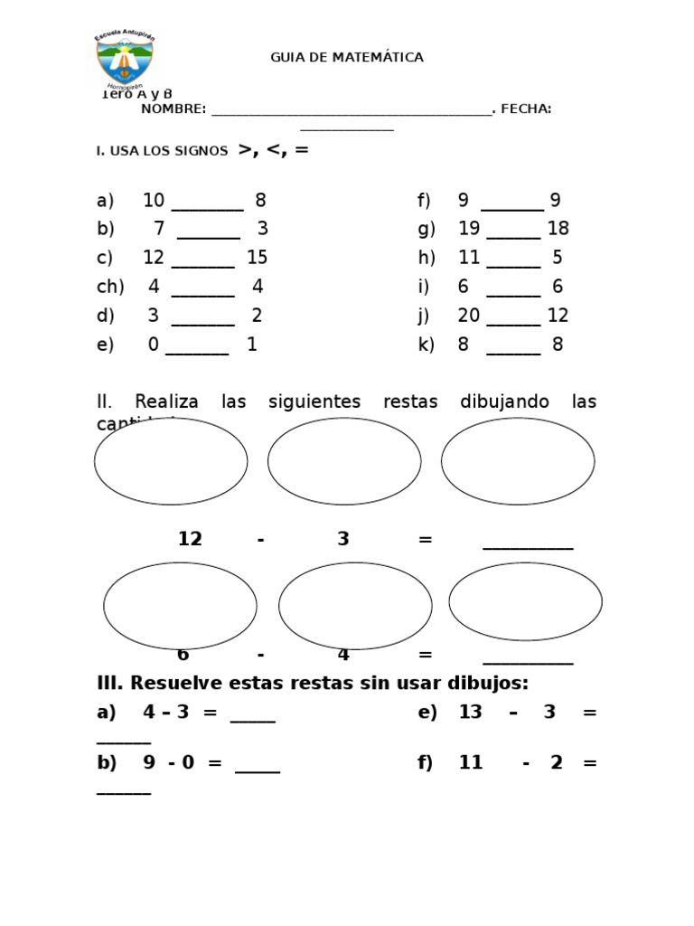 GUIA de MATEMÁTICA Mayor-Menor-Restas | PDF