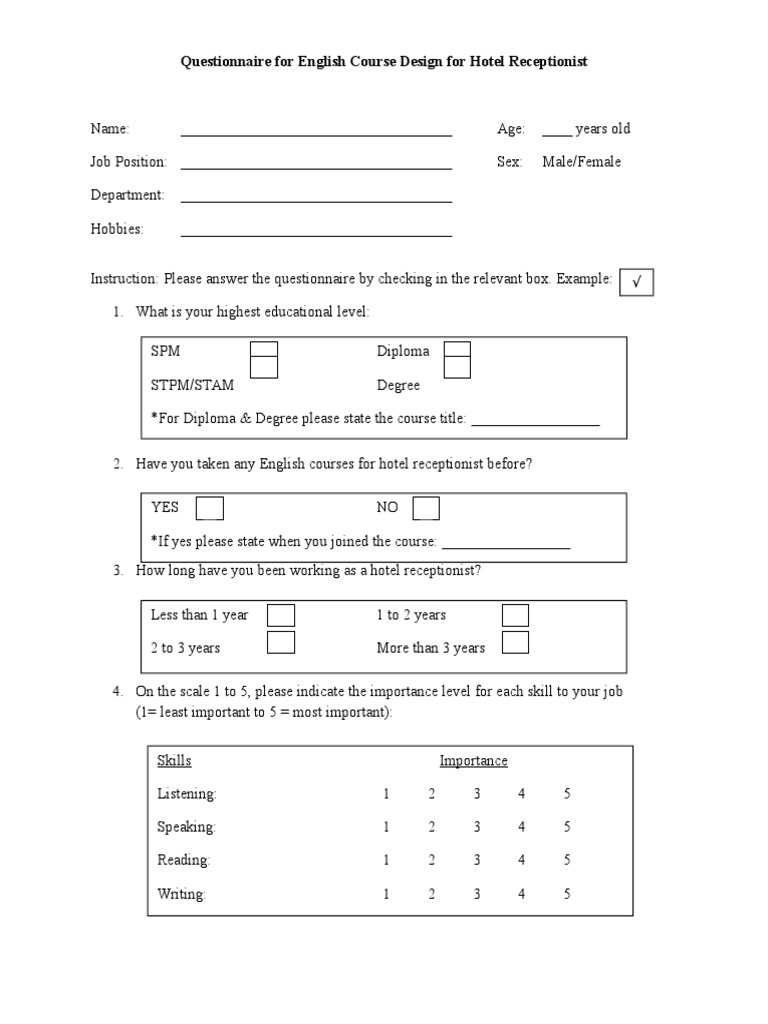 Questionnaire For English Course Design For Hotel Receptionist | PDF ...
