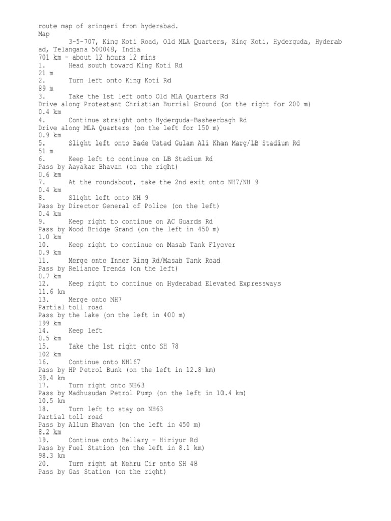 Route Map of Sringeri From Hyderabad. | PDF
