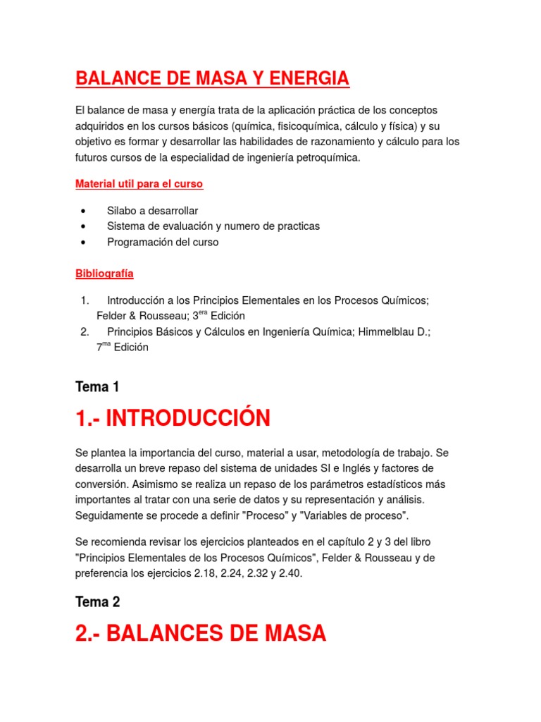 Balance de Masa y Energia | Descargar gratis PDF | Masa | Cálculo