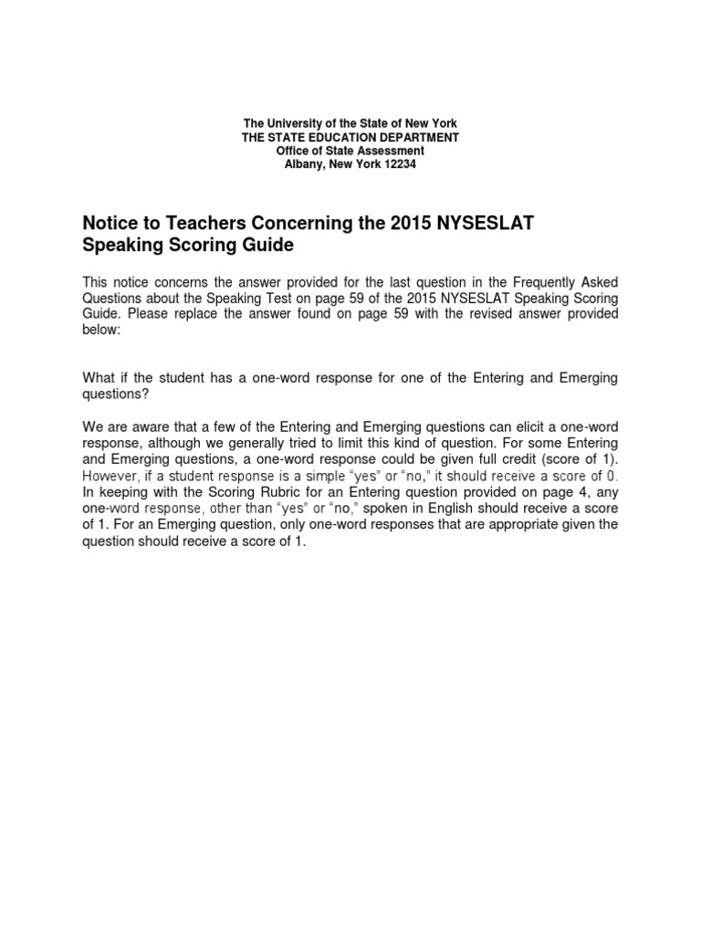 2015 NYSESLAT Speaking Test Scoring Clarification | PDF