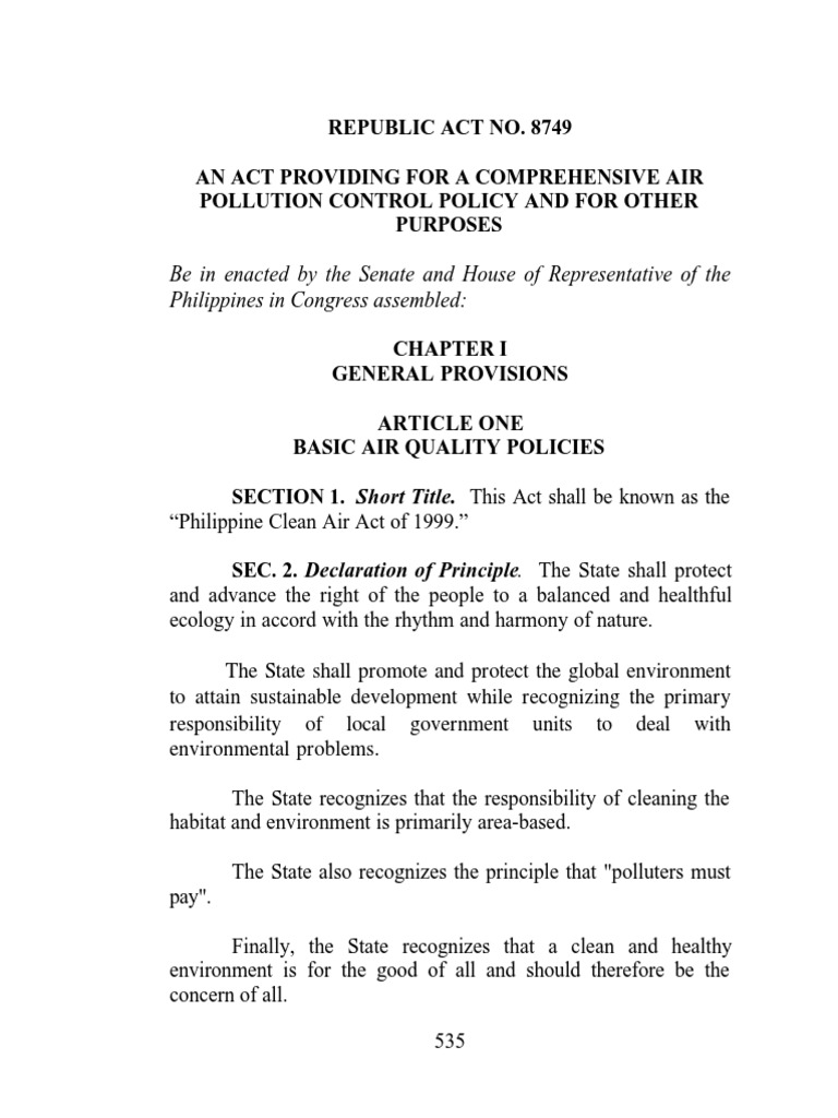 Clean Air Act of 1999 Ra 8749 | PDF | Emission Standard | Air Pollution