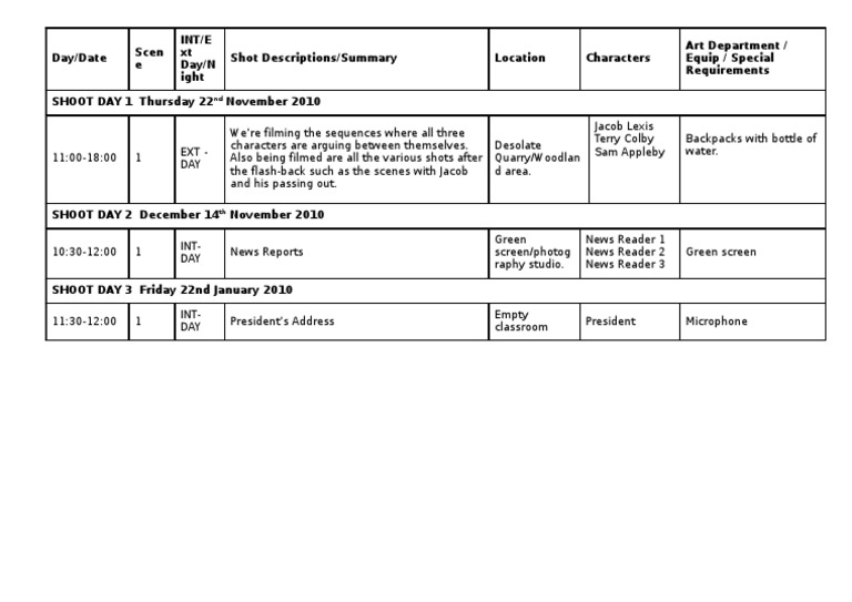 Film Shoot Schedule and Scene Breakdown | PDF