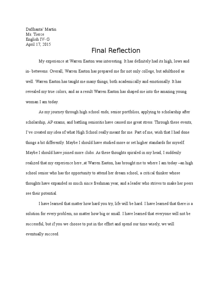 High School Reflection: Lessons Learned | PDF | Self-Improvement | Wellness