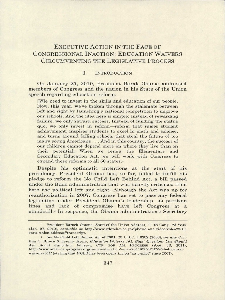 Executive Action in The Face of Congressional Inaction | PDF | No Child ...